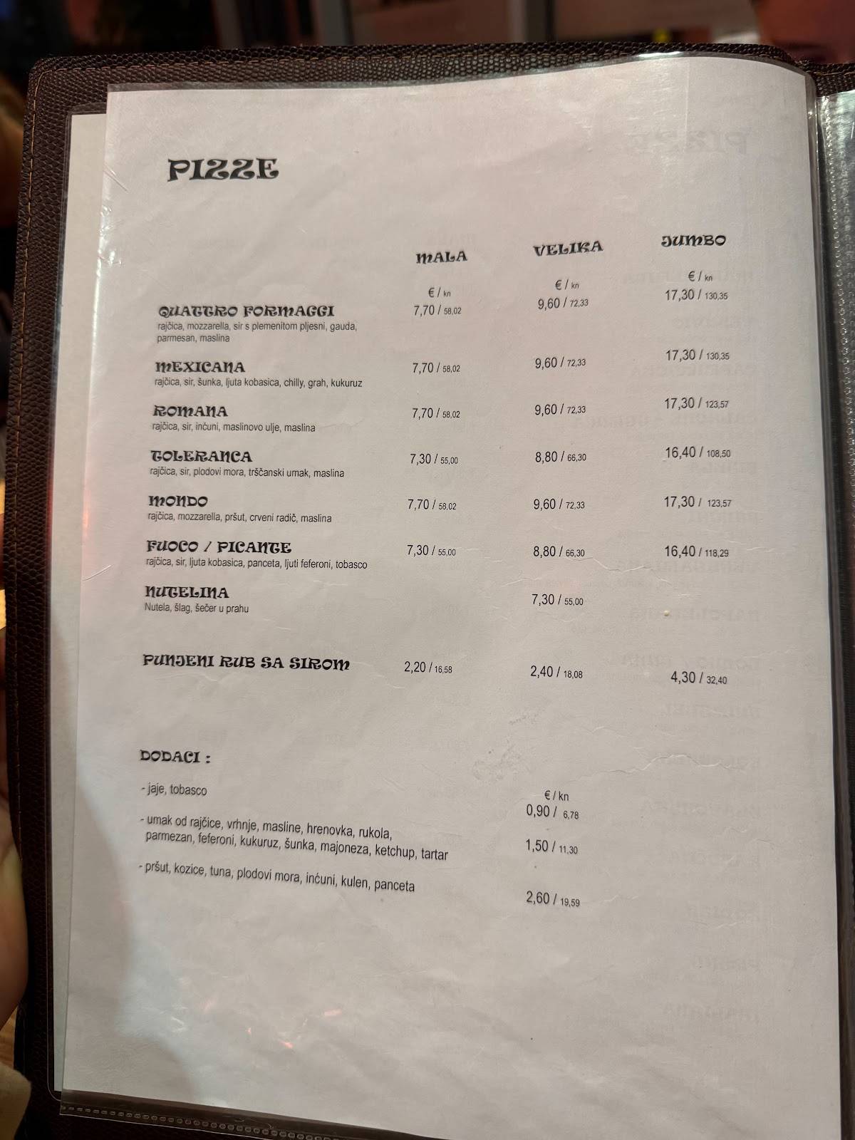 Menu at Mondo restaurant, Zabok