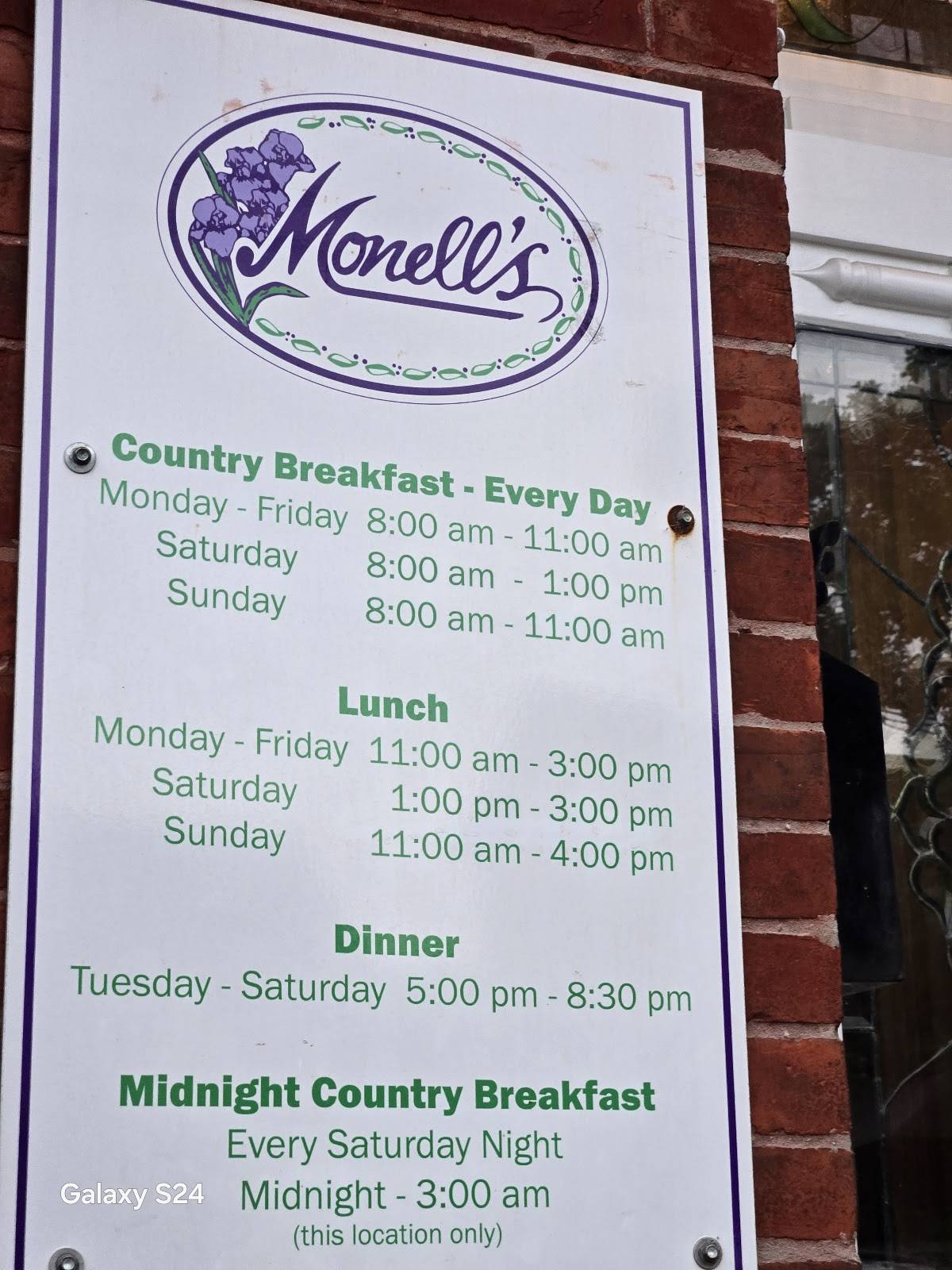 Menu at Monell's restaurant, Nashville, 6th Ave N