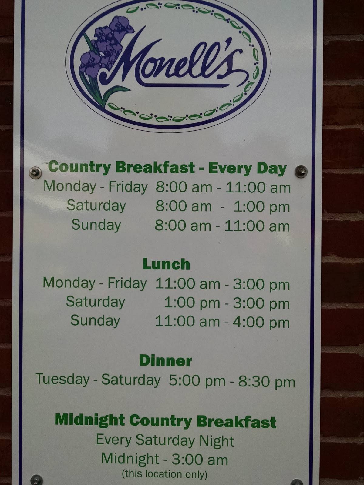 Menu at Monell's restaurant, Nashville, 6th Ave N