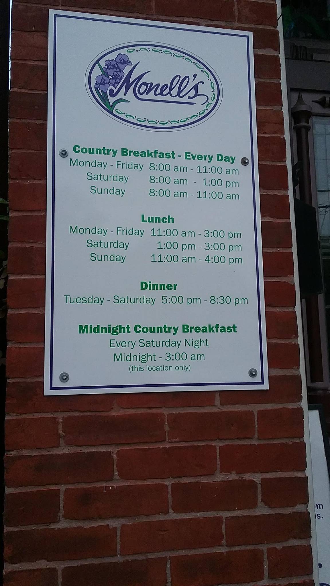 Menu at Monell's restaurant, Nashville, 6th Ave N