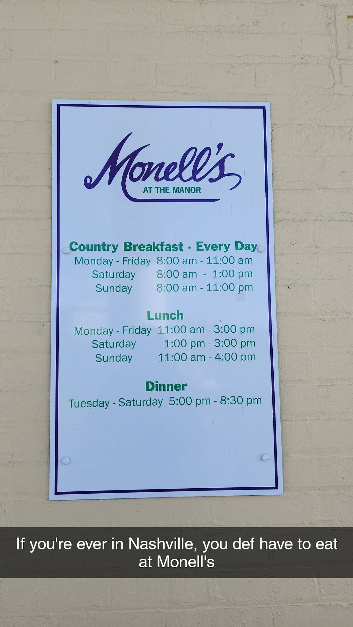 Menu at Monell's restaurant, Nashville, 6th Ave N