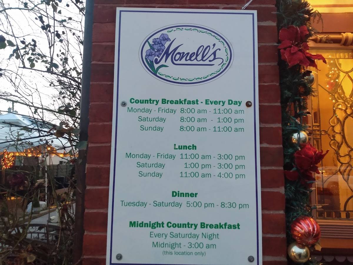 Menu at Monell's restaurant, Nashville, 6th Ave N