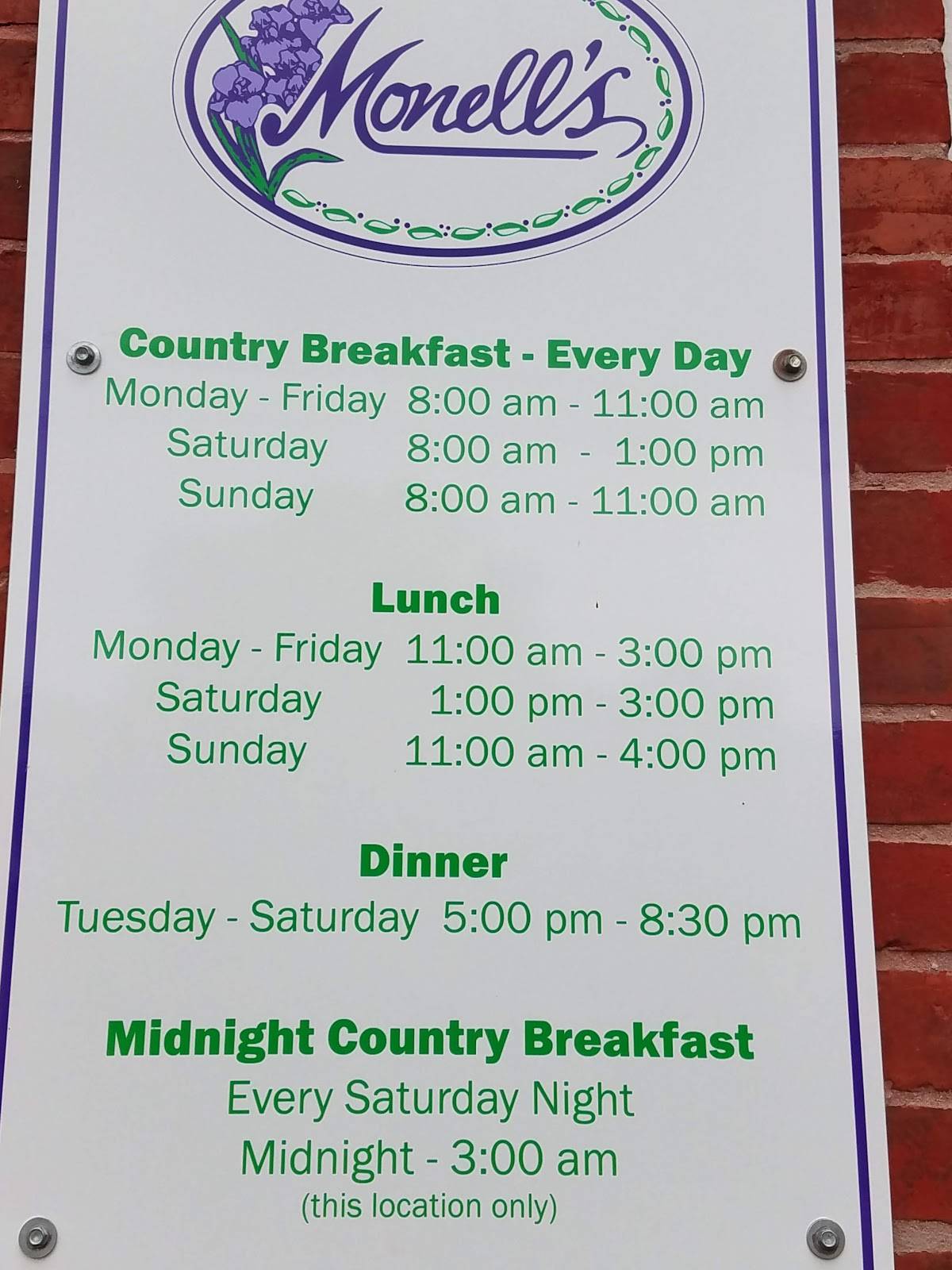 Menu at Monell's restaurant, Nashville, 6th Ave N