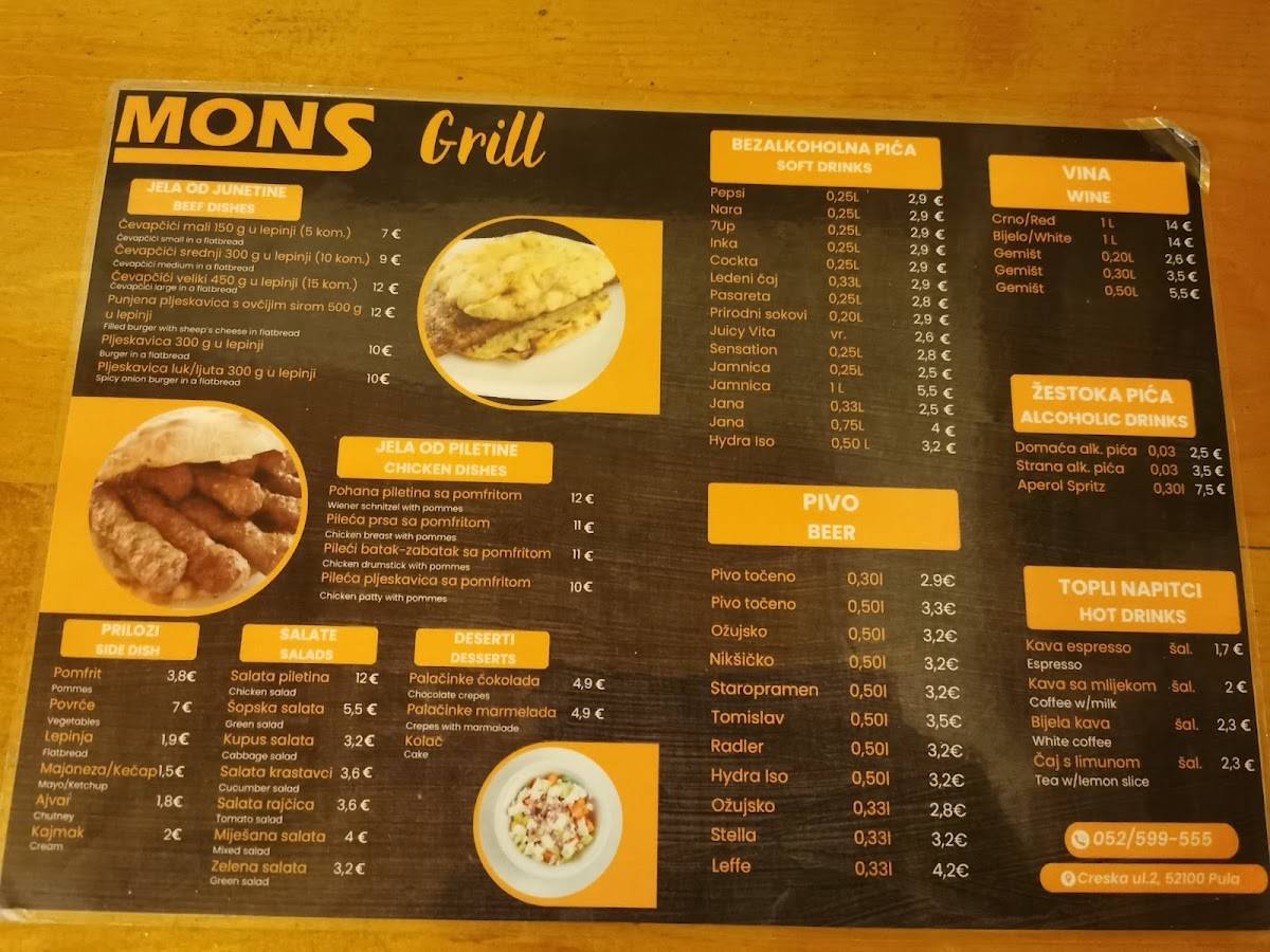 Carta del restaurante Mons, Pula