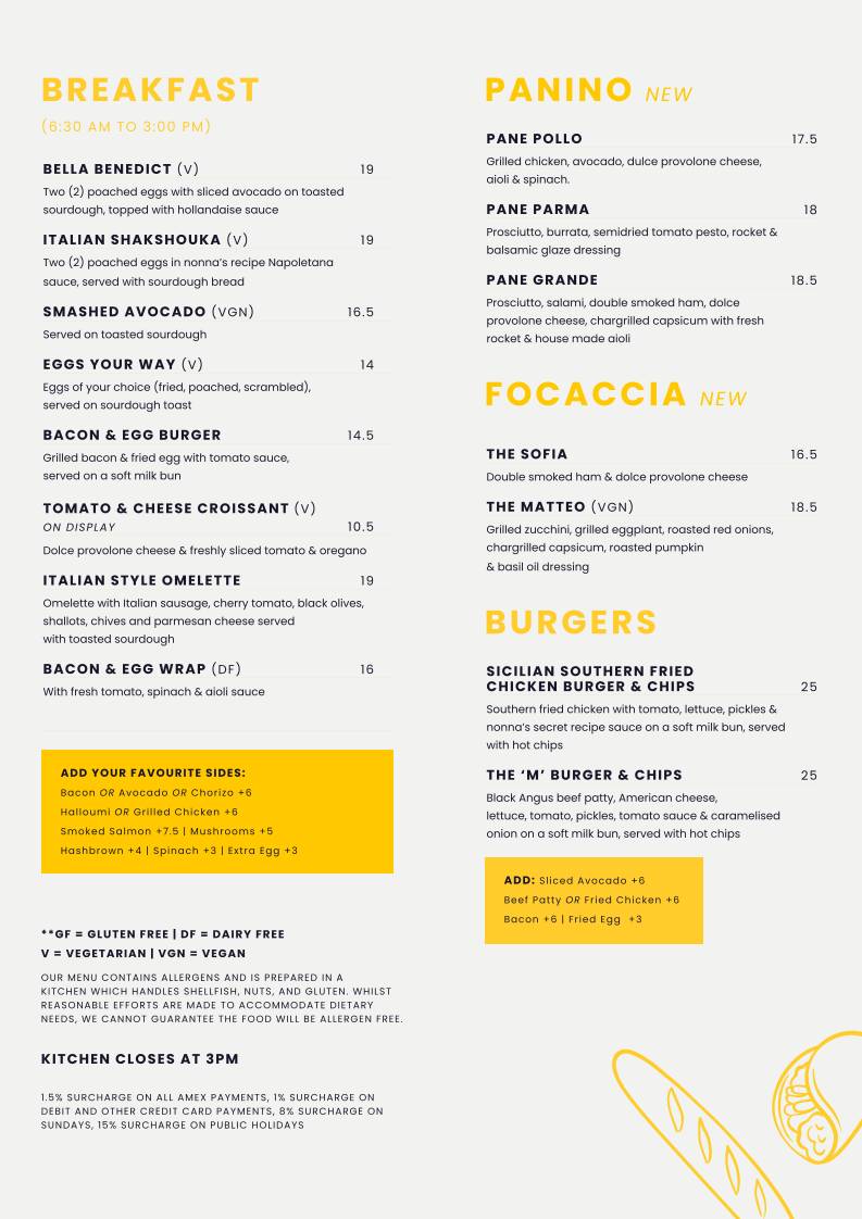 Menu at Montage Piazza Cafe, Lilyfield