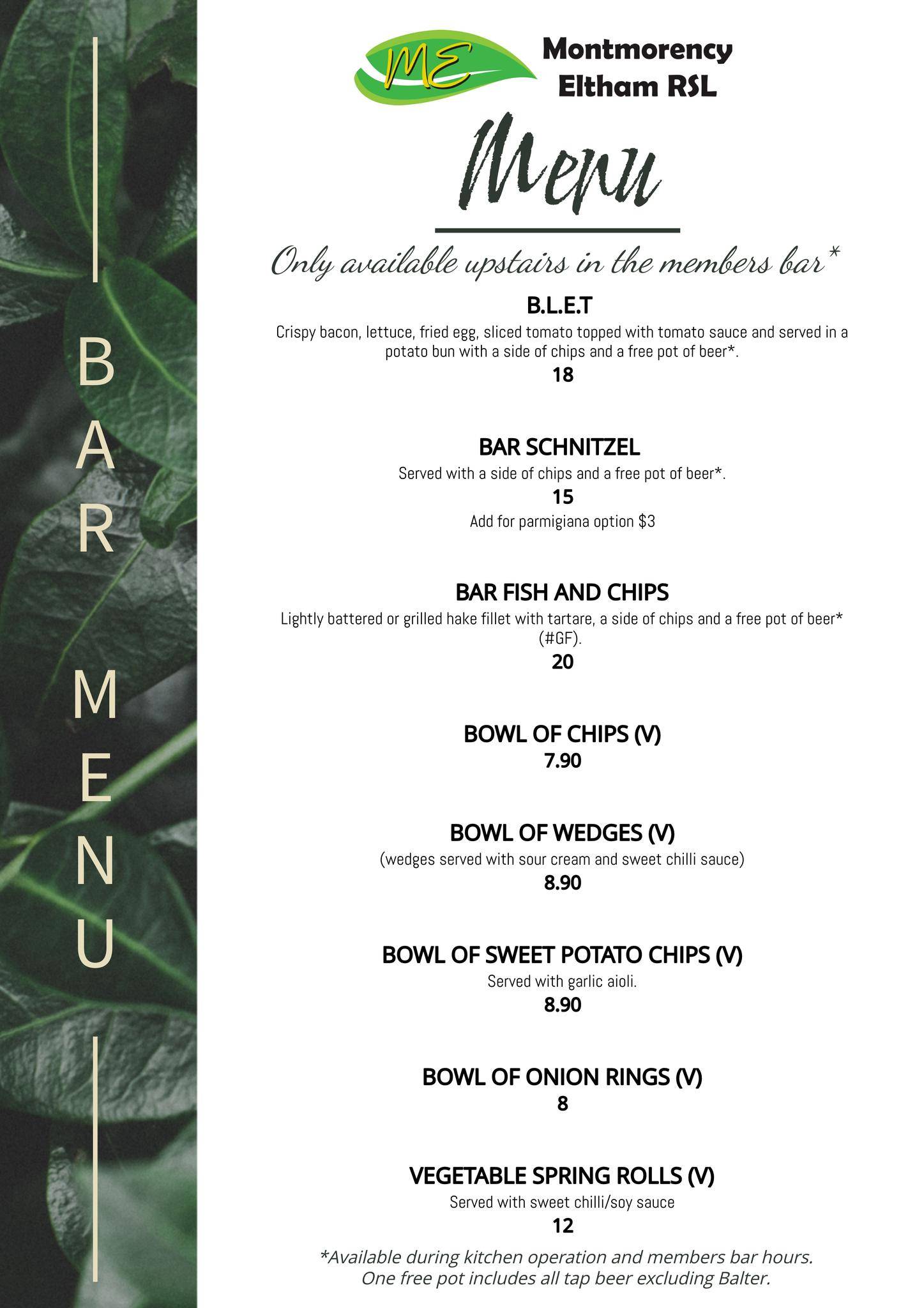 Menu at Montmorency Eltham RSL restaurant, Montmorency