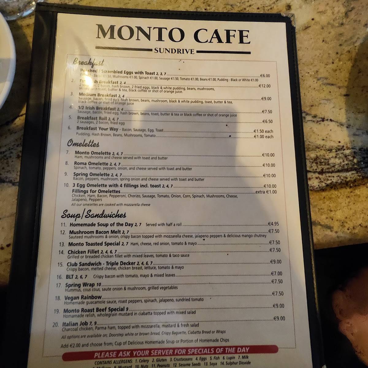 Menu at Montos Sundrive cafe, Dublin, 45 Sundrive Rd