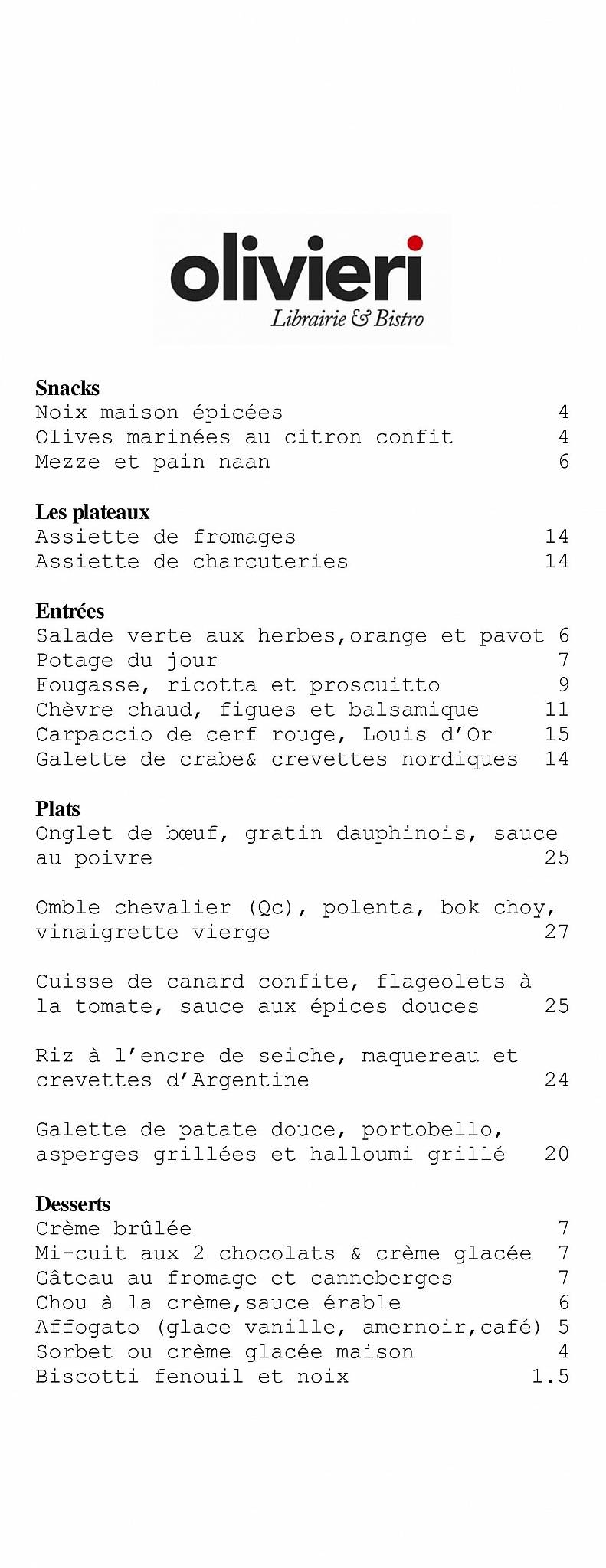 Menu at Olivieri restaurant, Montréal, Chemin de la Côte-des-Neiges