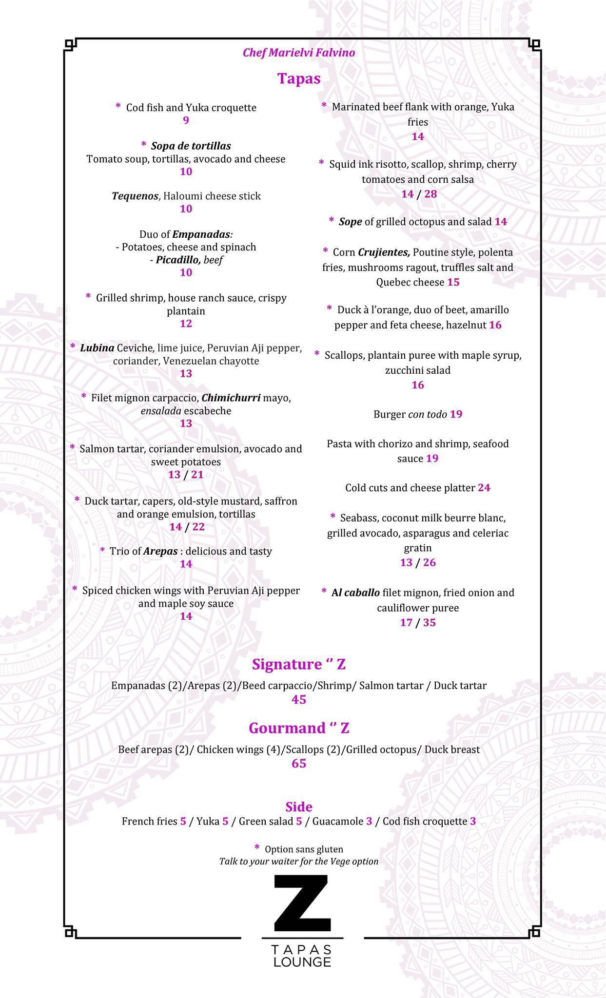 Carta del pub y bar Z Tapas Lounge, Montréal