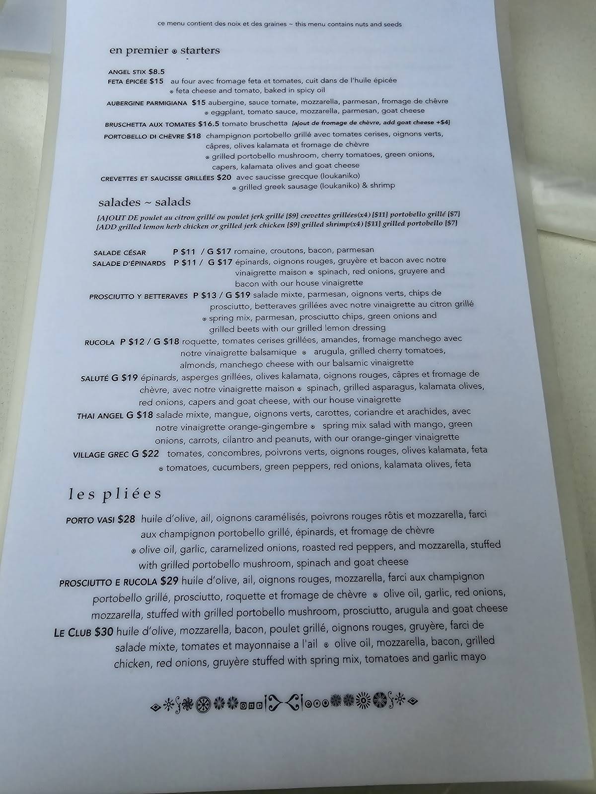 Menu au Restaurant Violet Angel, Sainte-Anne-de-Bellevue