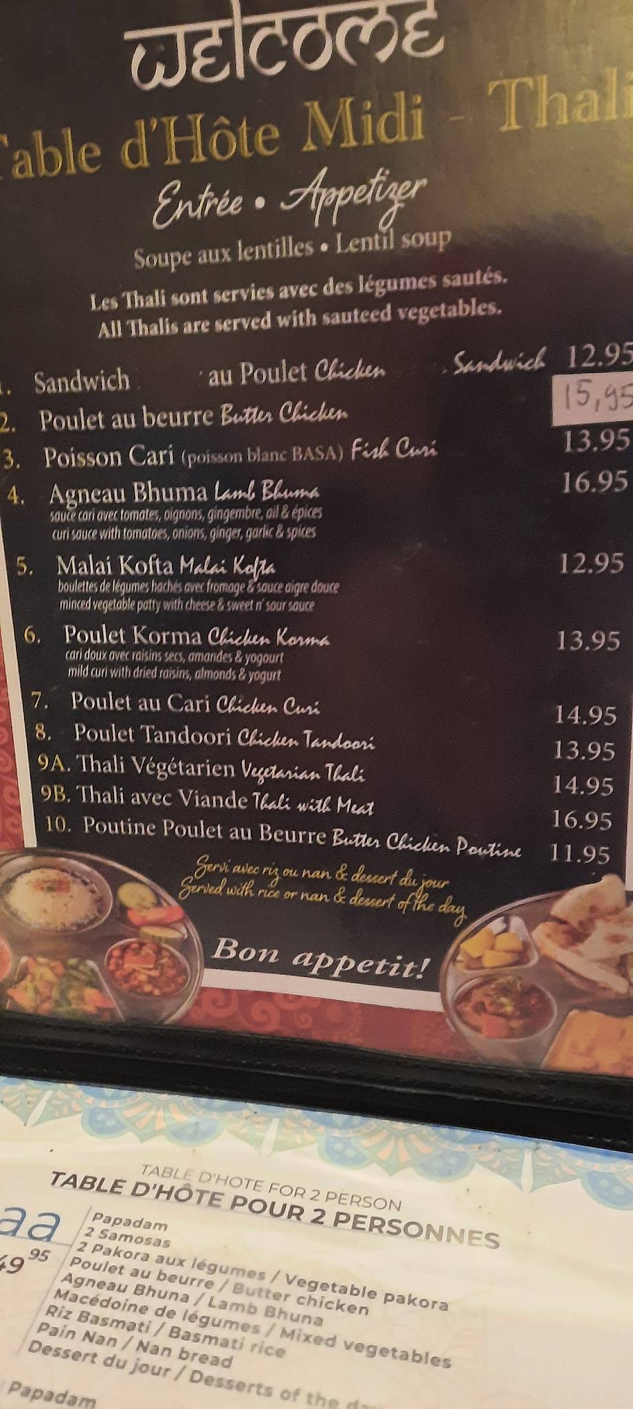 Menu au Restaurant Tabla, Montréal