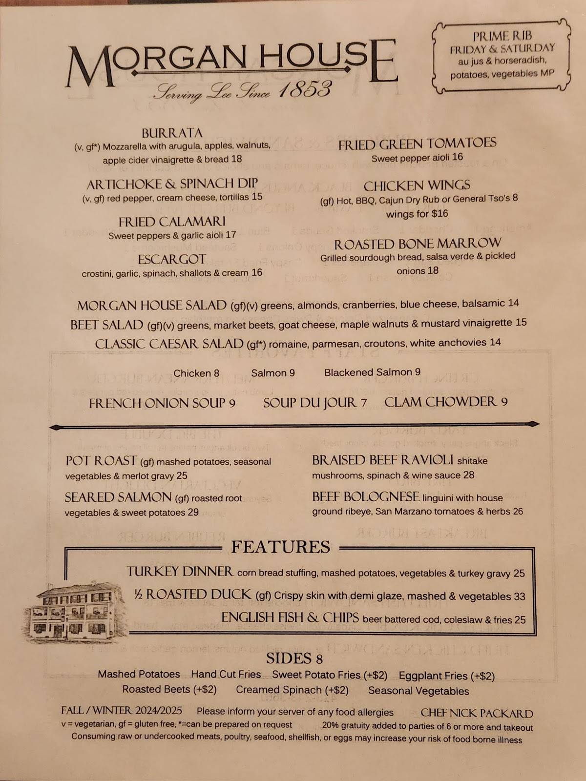 Menu at Morgan House Inn & Restaurant, Lee