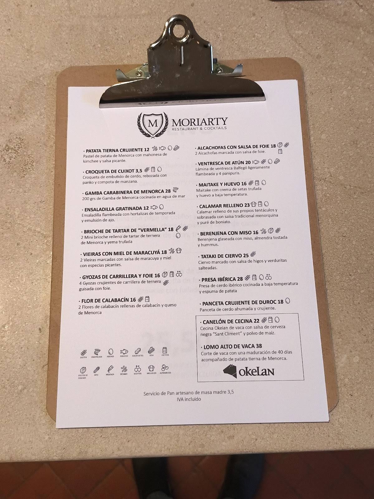 Carta del pub y bar Moriarty, Ciudadela del Menorca
