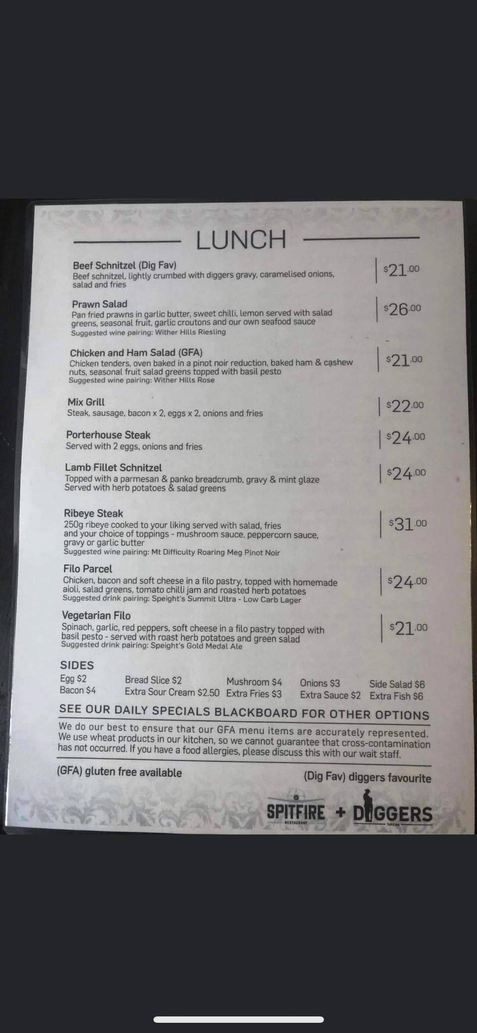 Menu at Mosgiel Memorial RSA Club, Spitfire Restaurant and Diggers ...