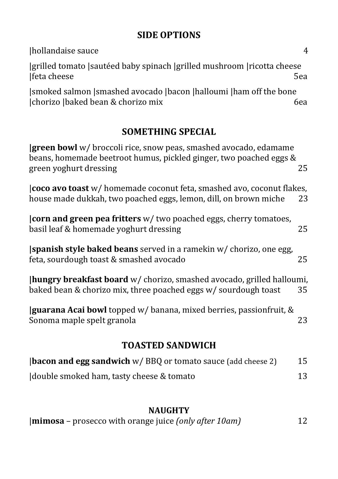 Menu at Cafe Mosman, Mosman, 6/611 Military Rd