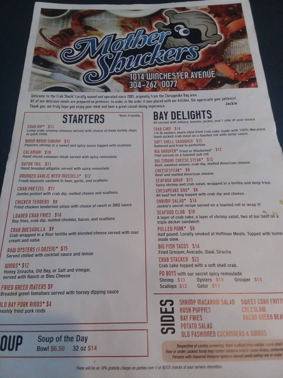 Menu at Mother Shuckers Crab Shack restaurant, Martinsburg