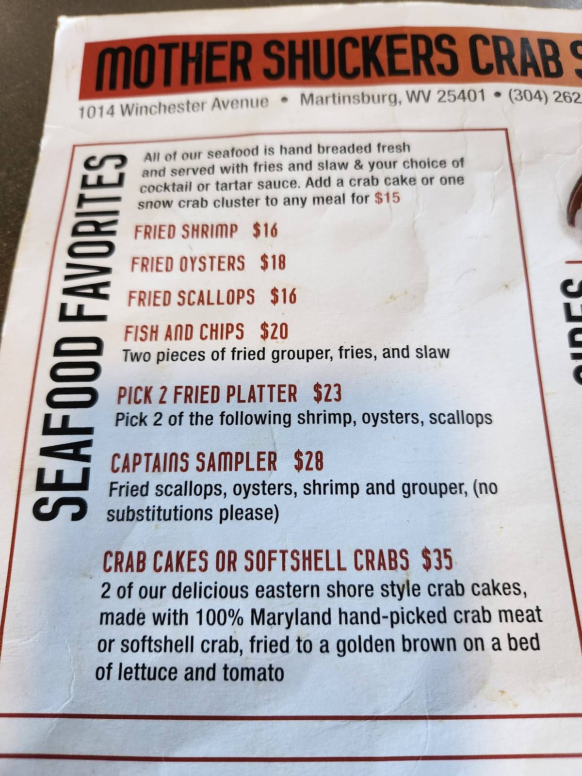 Menu at Mother Shuckers Crab Shack restaurant, Martinsburg