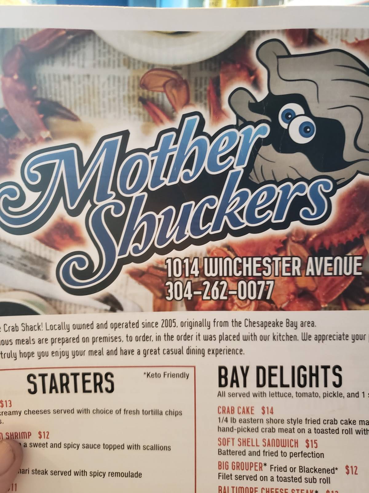 Menu at Mother Shuckers Crab Shack restaurant, Martinsburg