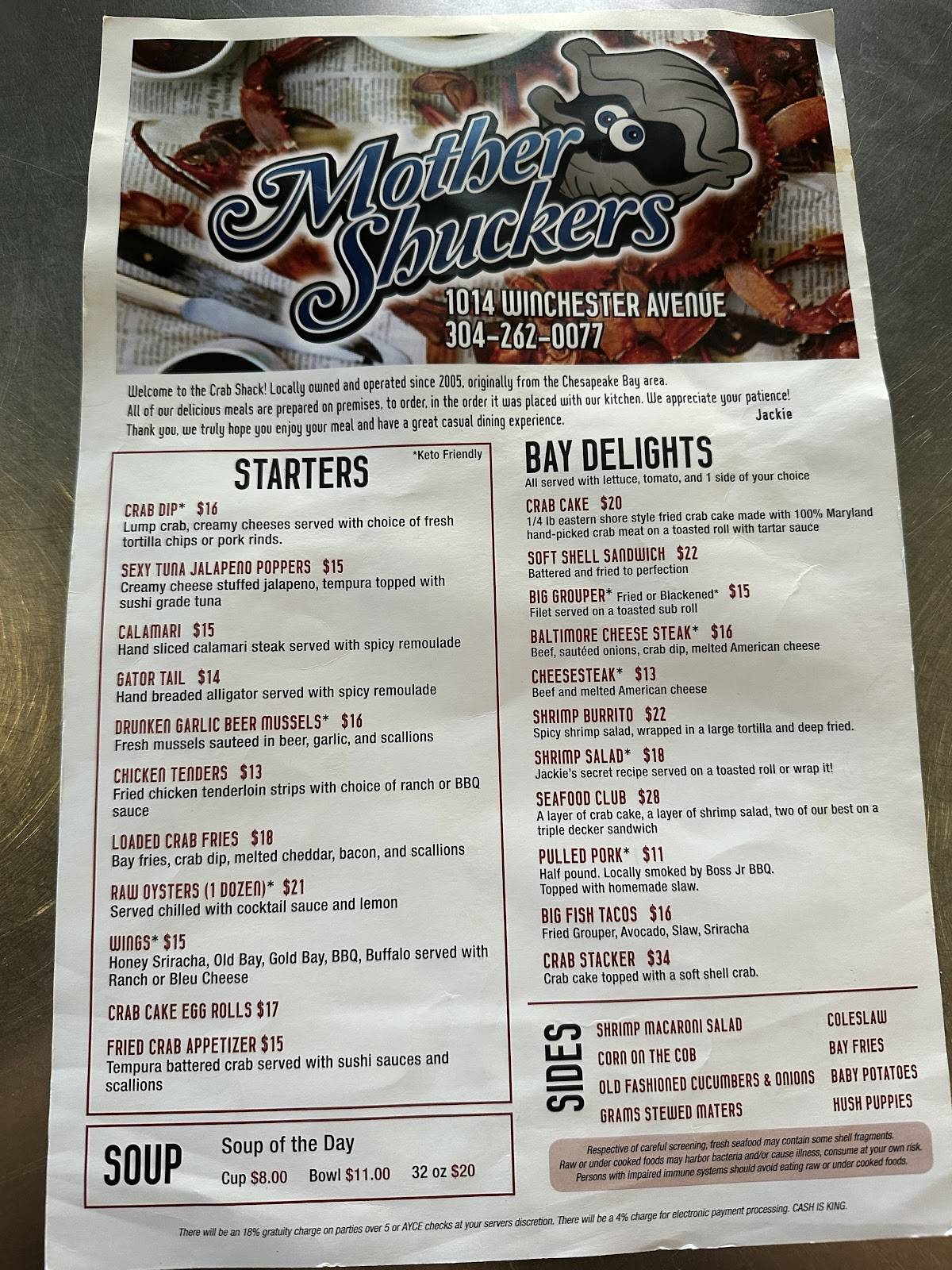 Menu at Mother Shuckers Crab Shack restaurant, Martinsburg