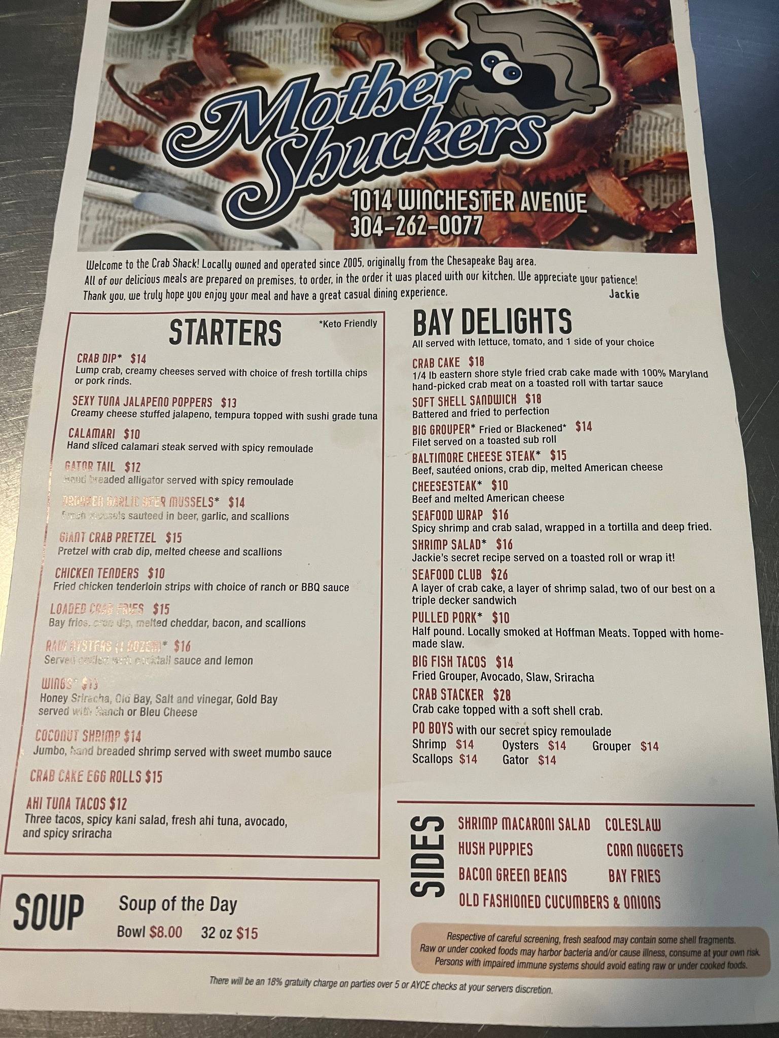 Menu at Mother Shuckers Crab Shack restaurant, Martinsburg