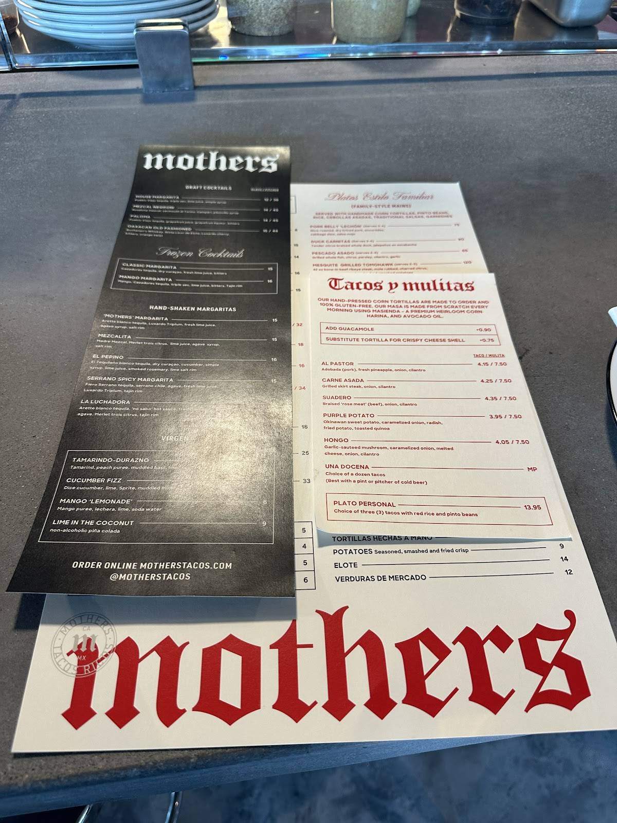 Menu at Mothers restaurant, Ventura