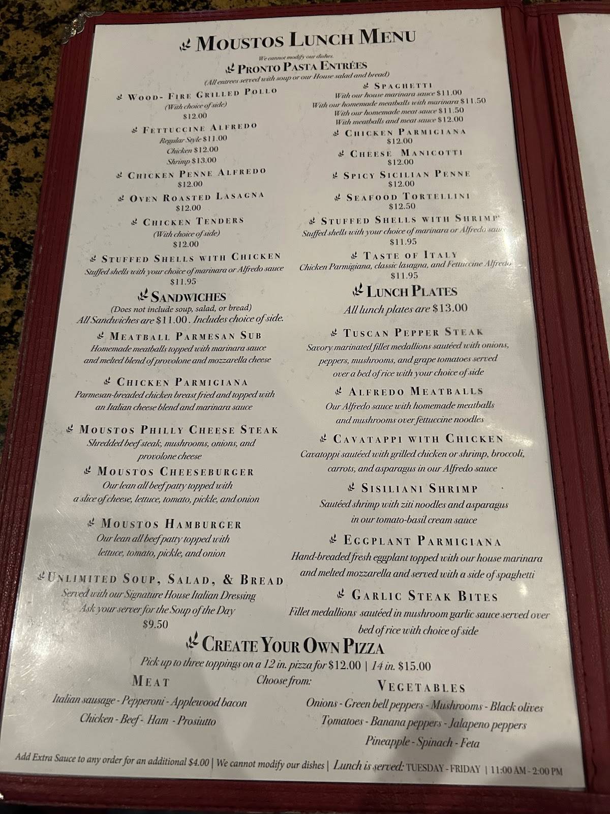 Menu at Moustos Pasta & Grill restaurant, Paris