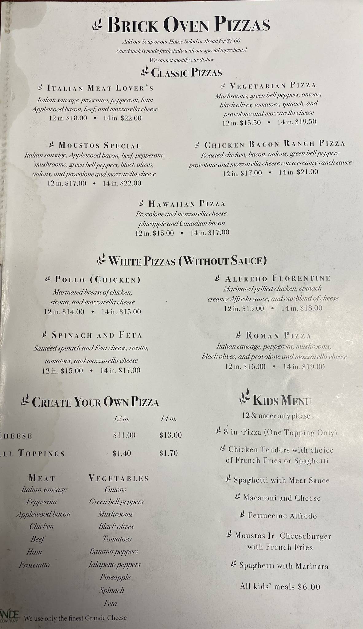 Menu at Moustos Pasta & Grill restaurant, Paris