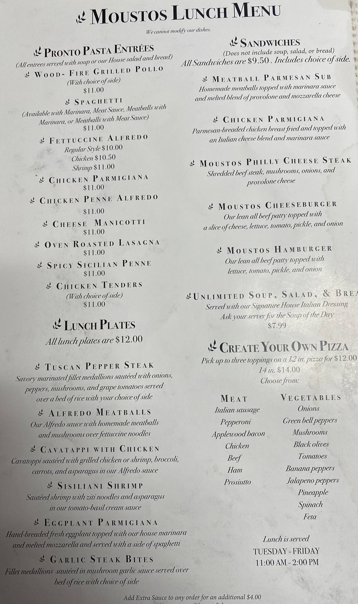 Menu at Moustos Pasta & Grill restaurant, Paris