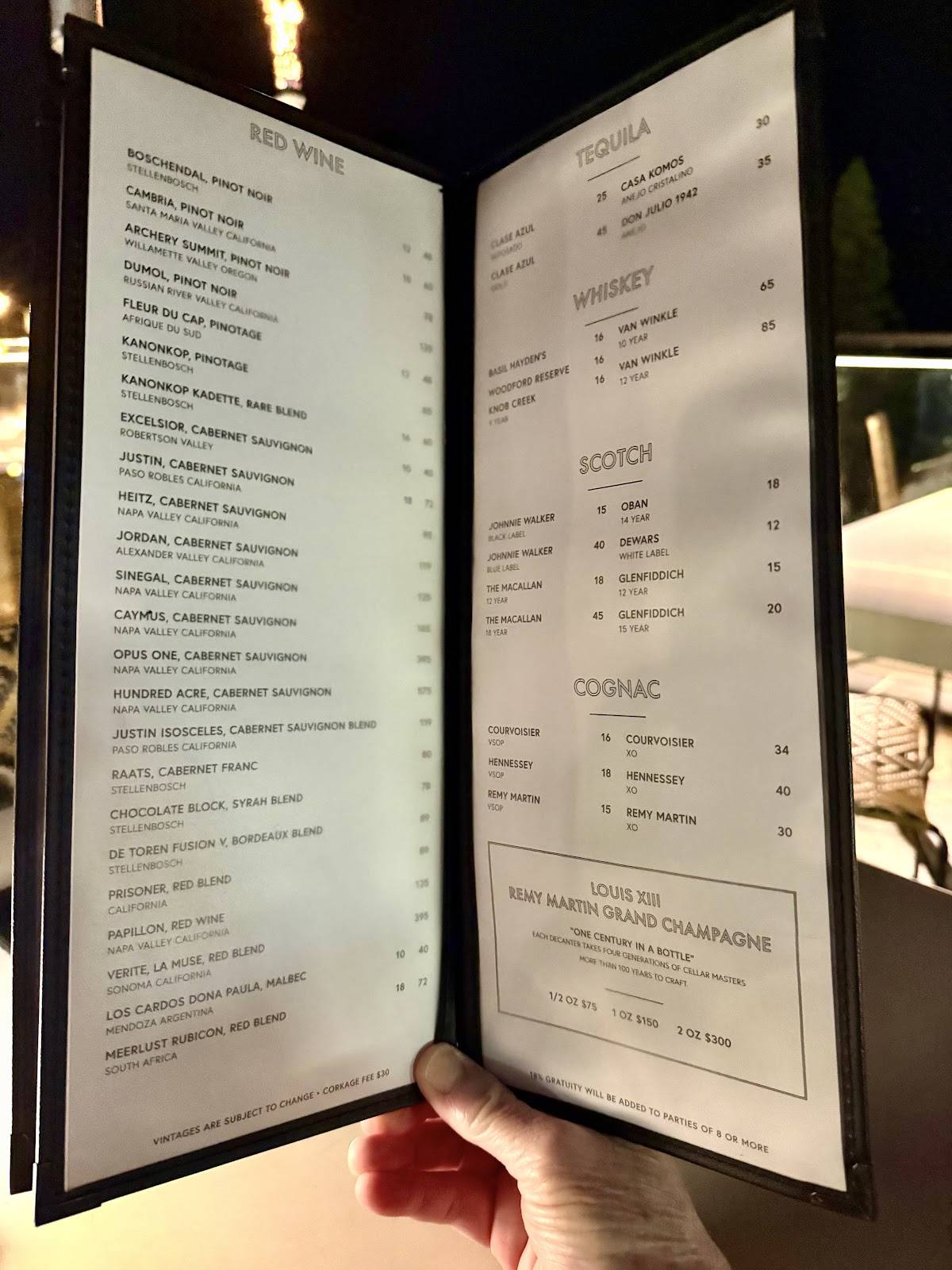 Menu at Mozambique steakhouse, Laguna Beach