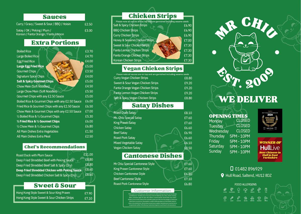 Menu at Mr Chiu restaurant, Hull