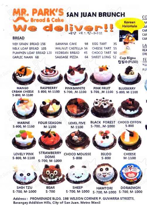 Menu at Mr. Park’s bread & Cake cafe, Taguig, G/F