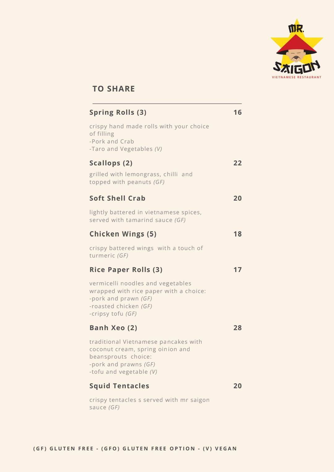 Menu at Mr Saigon restaurant, Broome