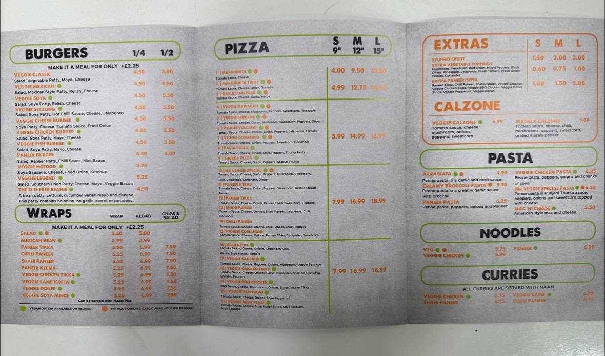 Menu at Mr Veggie restaurant, Leicester
