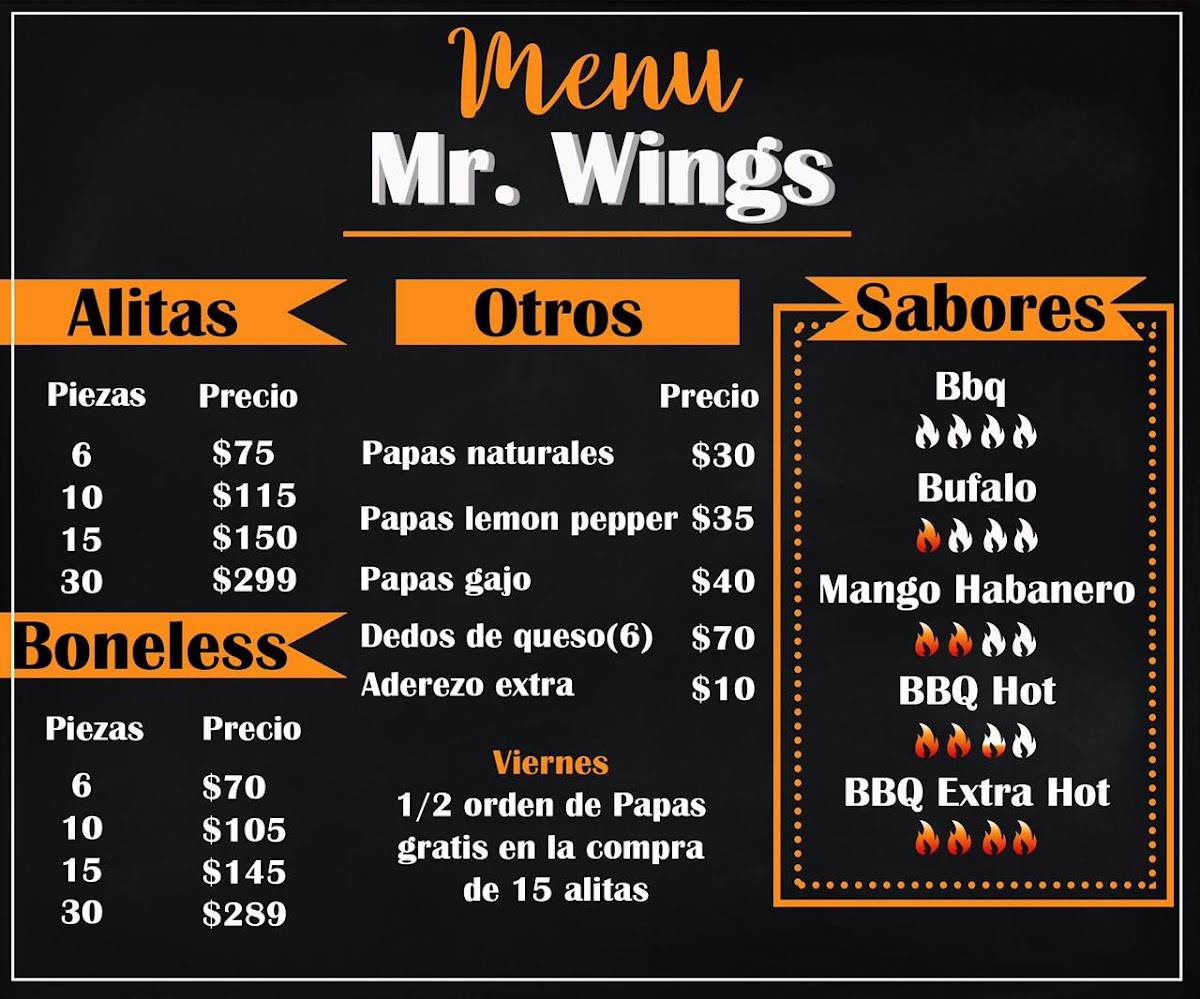 Carta del restaurante Mr. Wings, La Mira