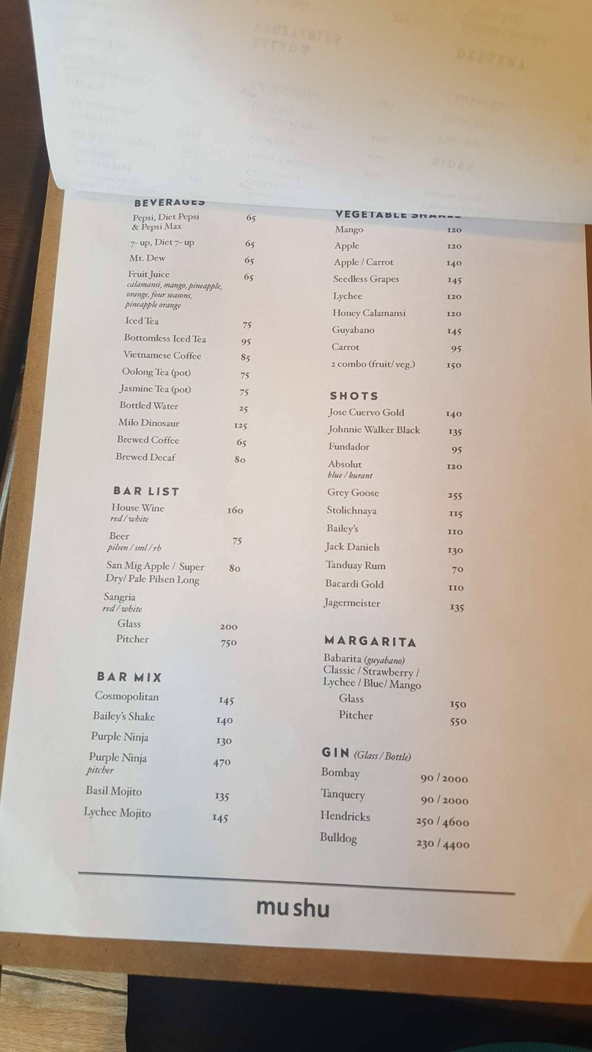 Menu at MuShu restaurant, Bacolod, 2Oth