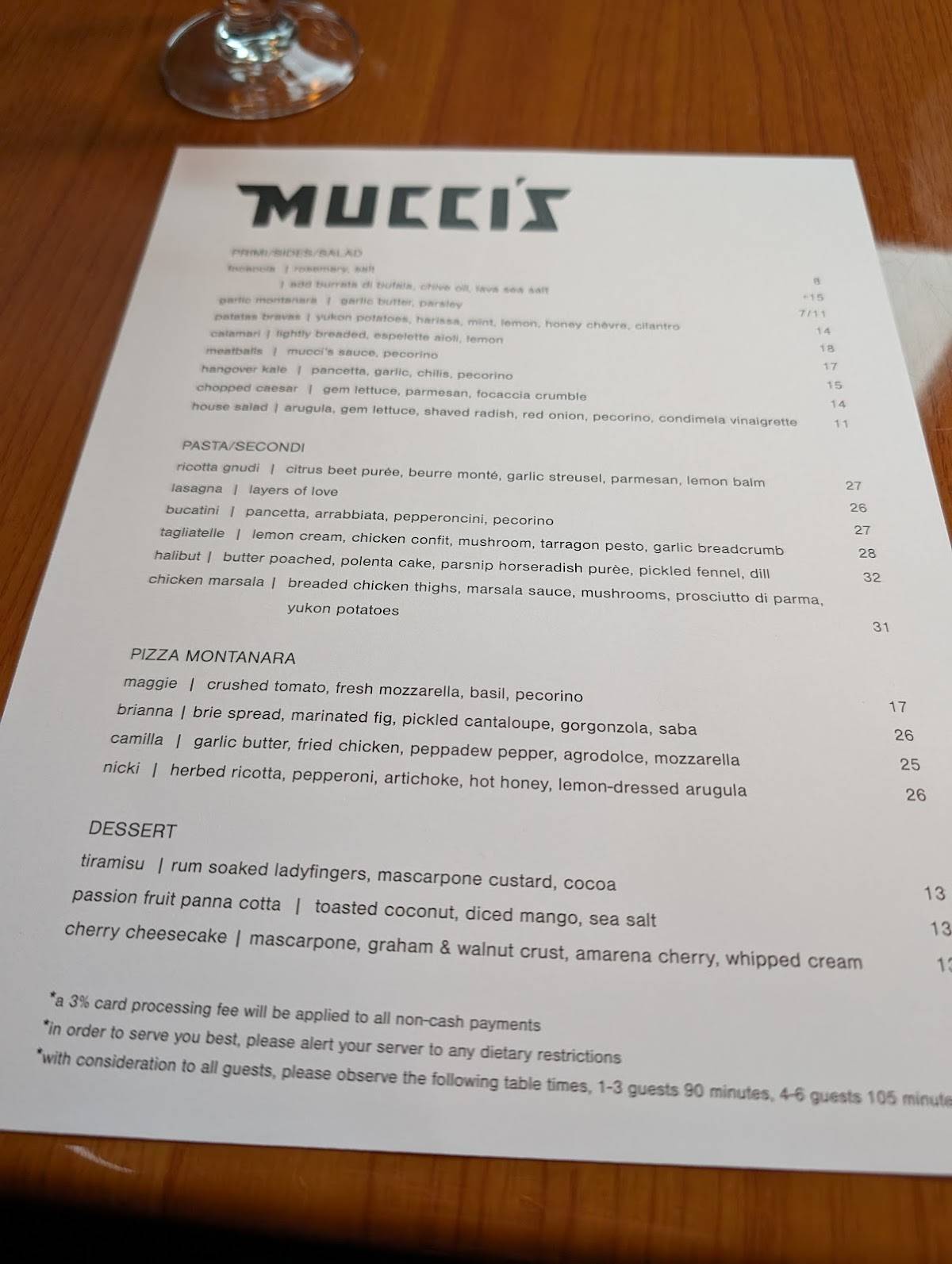 Menu at Mucci's Italian restaurant, Saint Paul