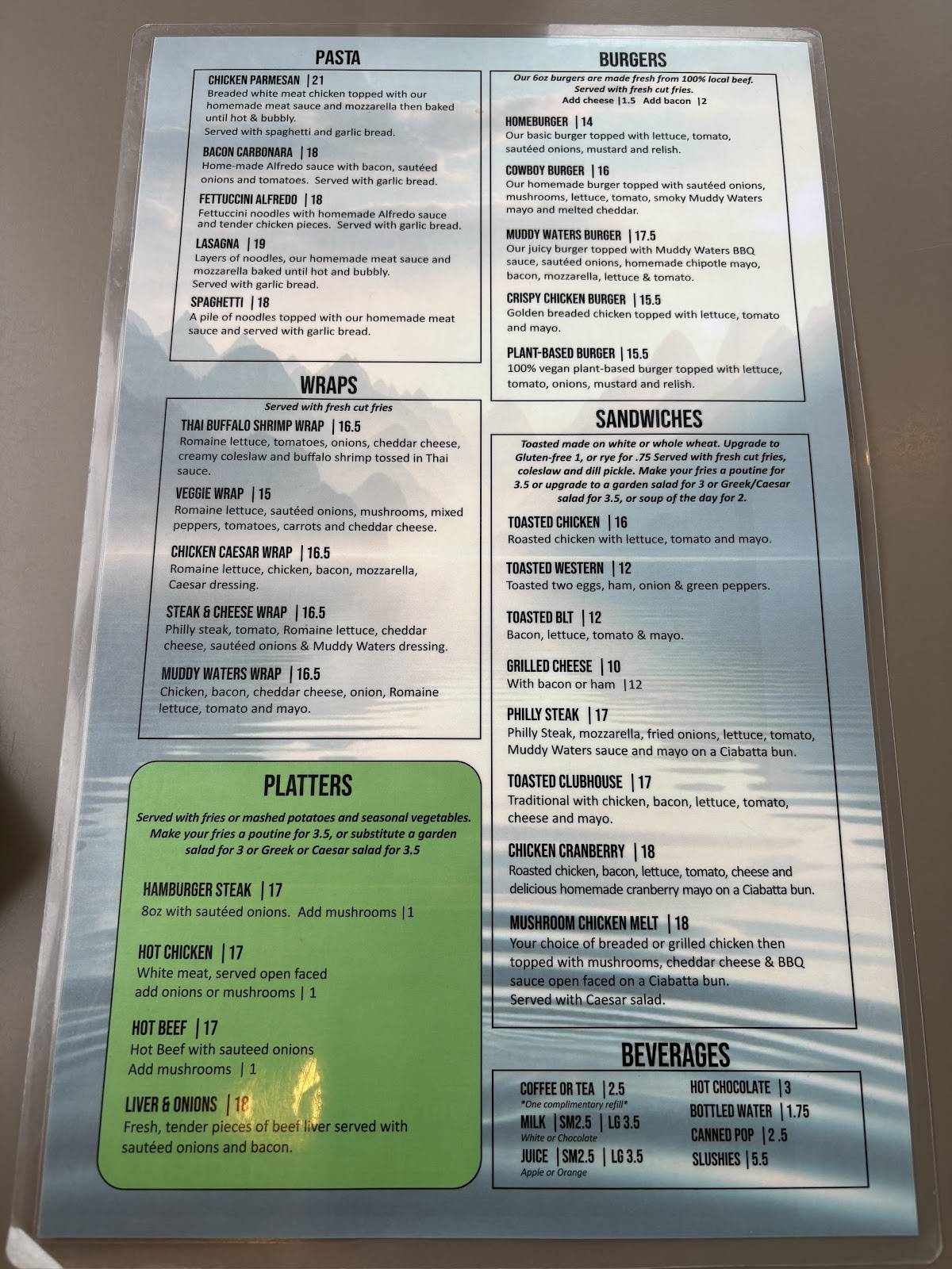 Menu at Muddy Waters Restaurant, Verona