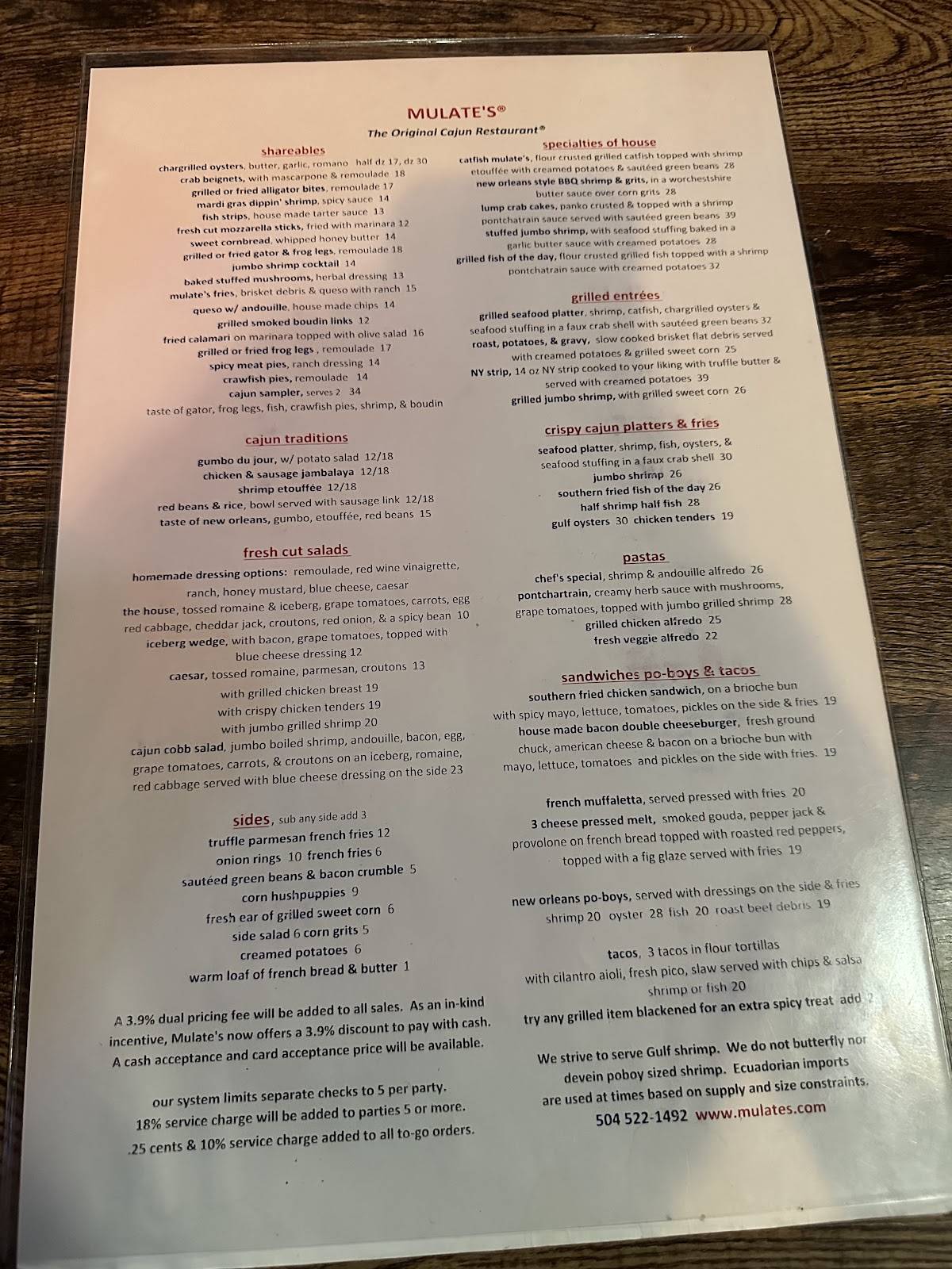 Menu at Mulate's The Original Cajun Restaurant, New Orleans
