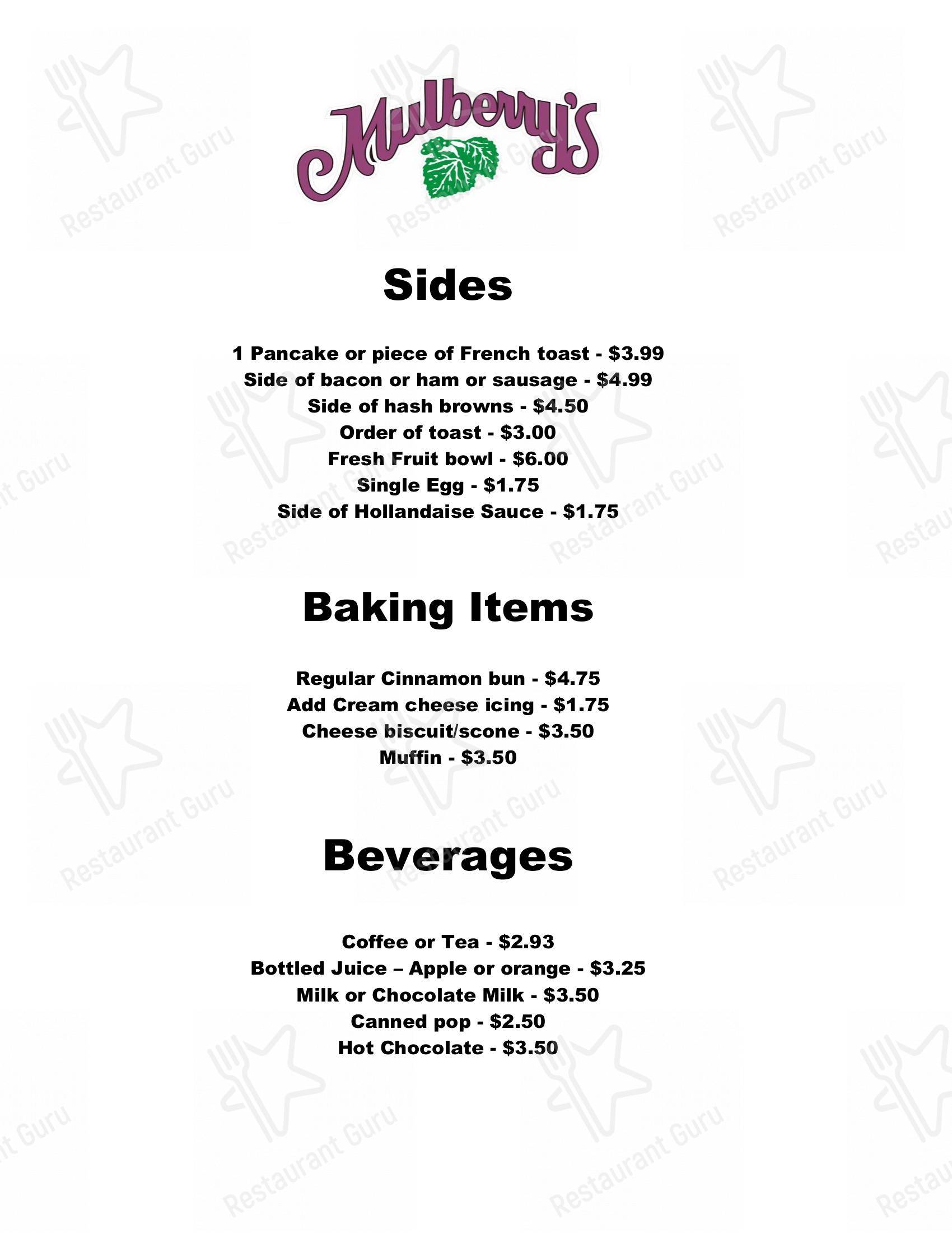 Menu at Mulberry's Restaurant and Catering, Saskatoon