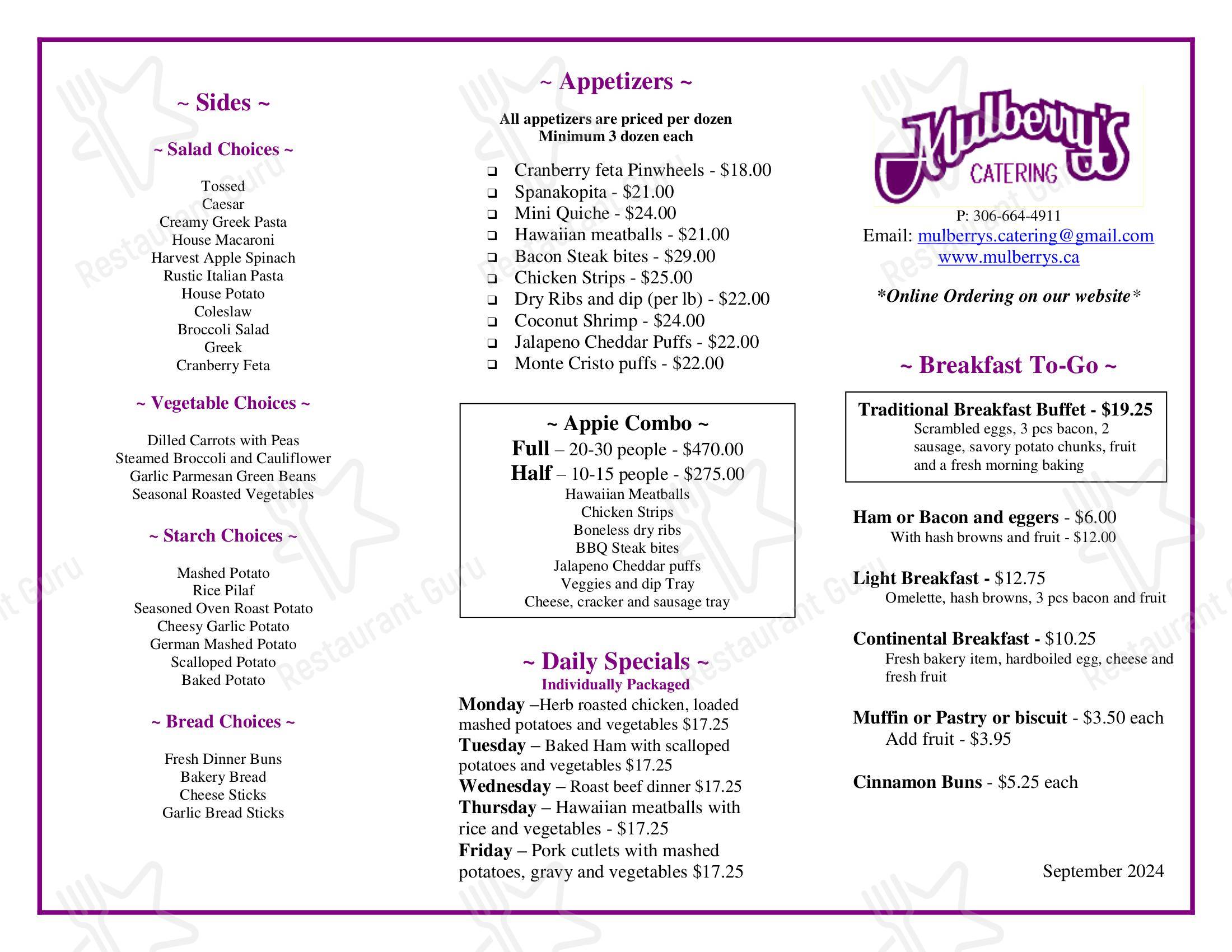 Menu at Mulberry's Restaurant and Catering, Saskatoon