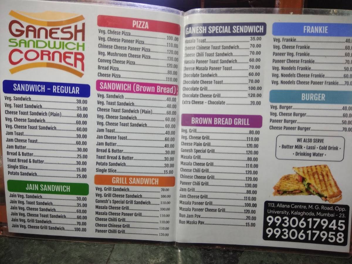 Menu at Ganesh Sandwich Corner, Mumbai