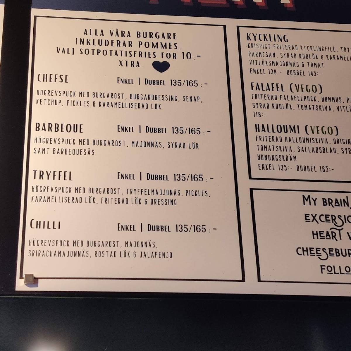Menu at Mums Burgers restaurant, Stockholm