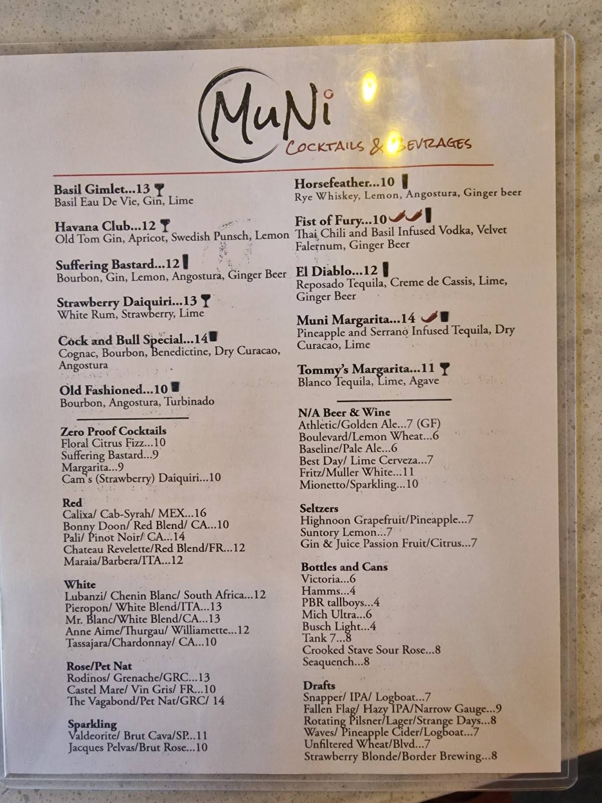 Menu at Muni pub & bar, Kansas City