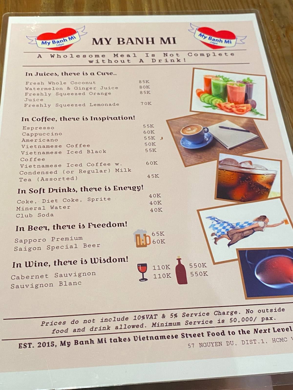 Menu at My Banh Mi restaurant, Ho Chi Minh City, 57 Đ. Nguyễn Du