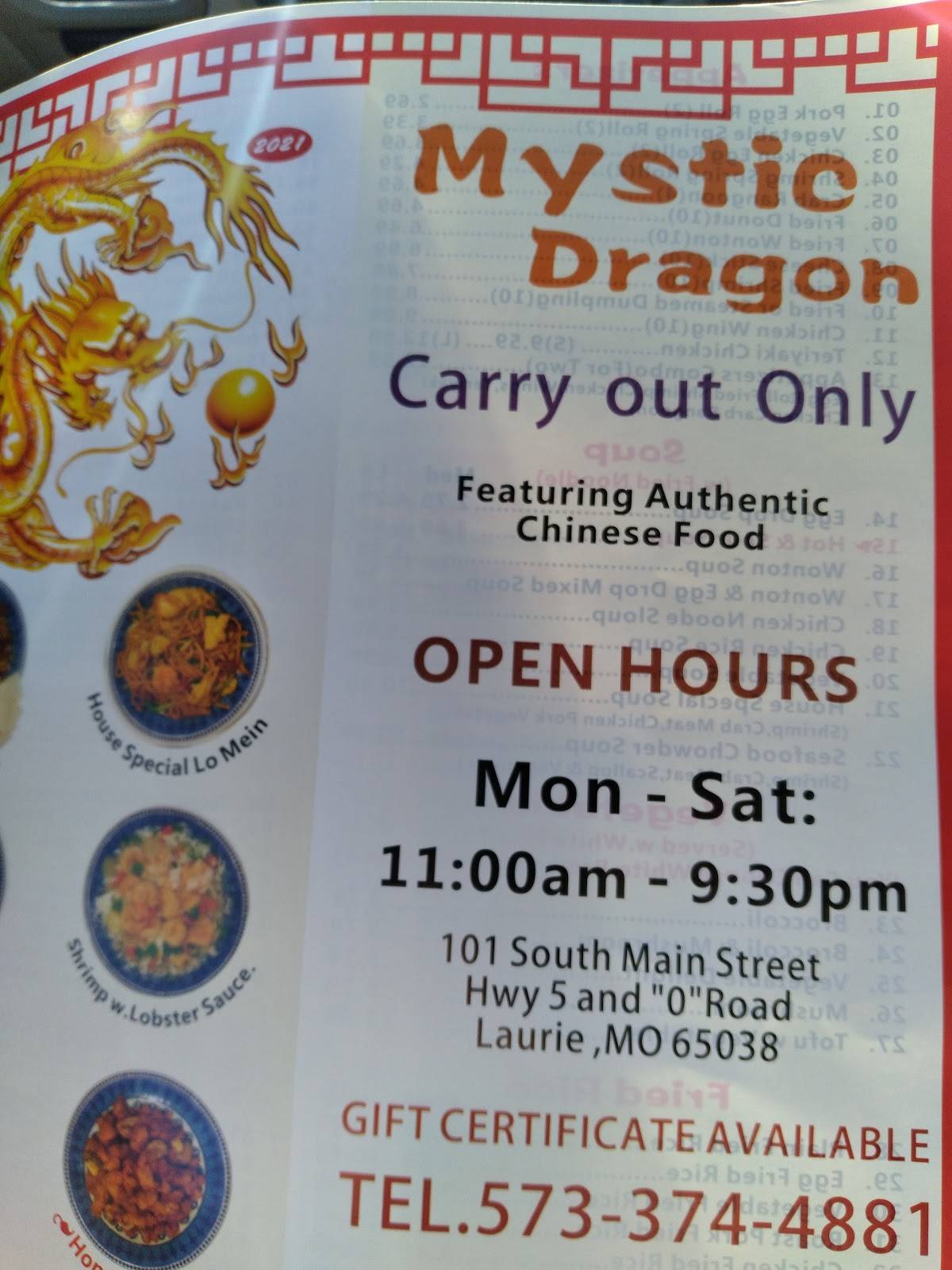 Menu at Mystic Dragon restaurant, Laurie