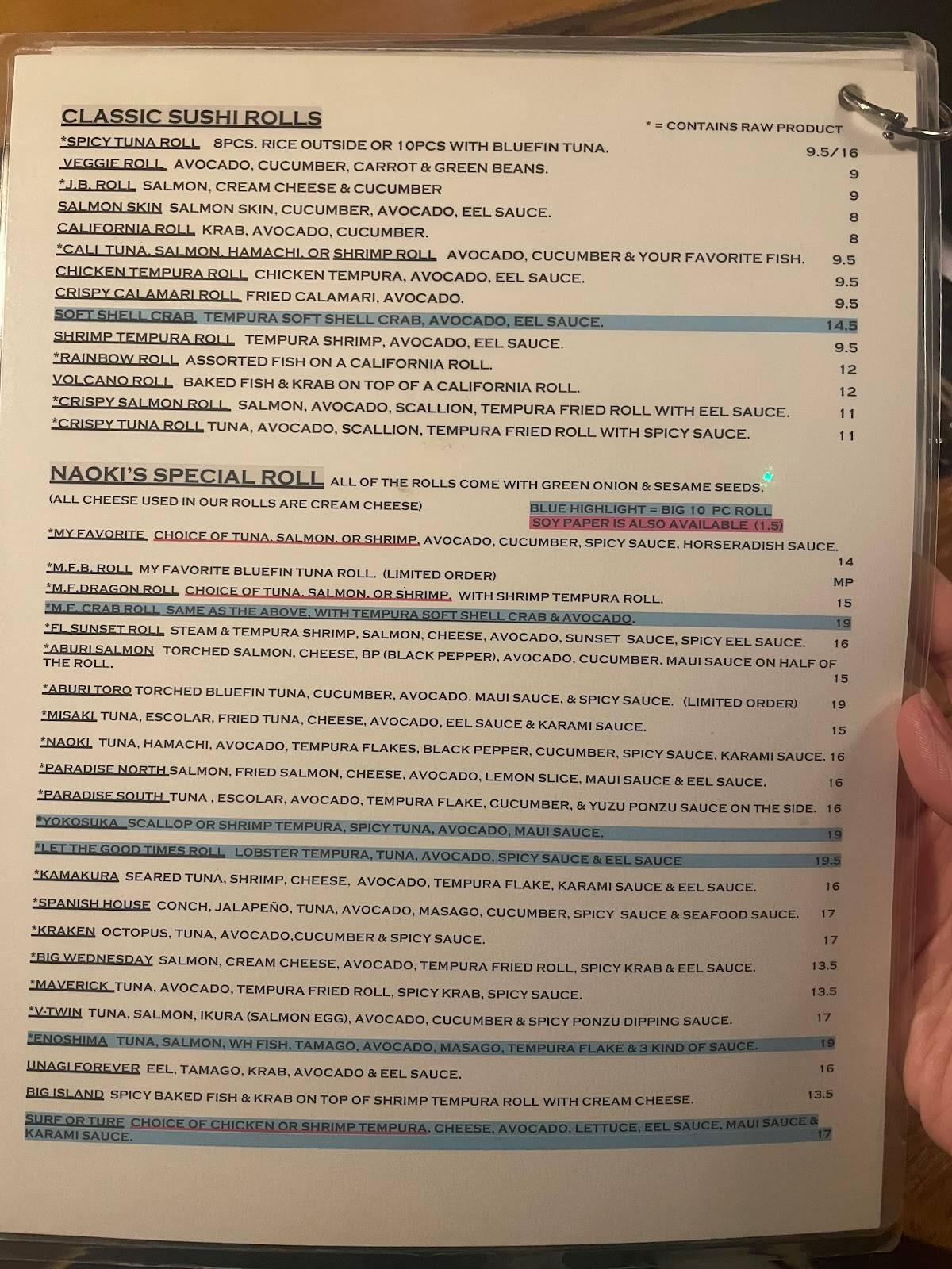 Menu at NAOKI JAPANESE CUISINE restaurant, Palm Bay