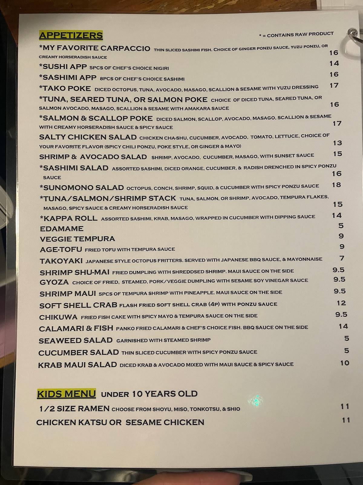 Menu at NAOKI JAPANESE CUISINE restaurant, Palm Bay