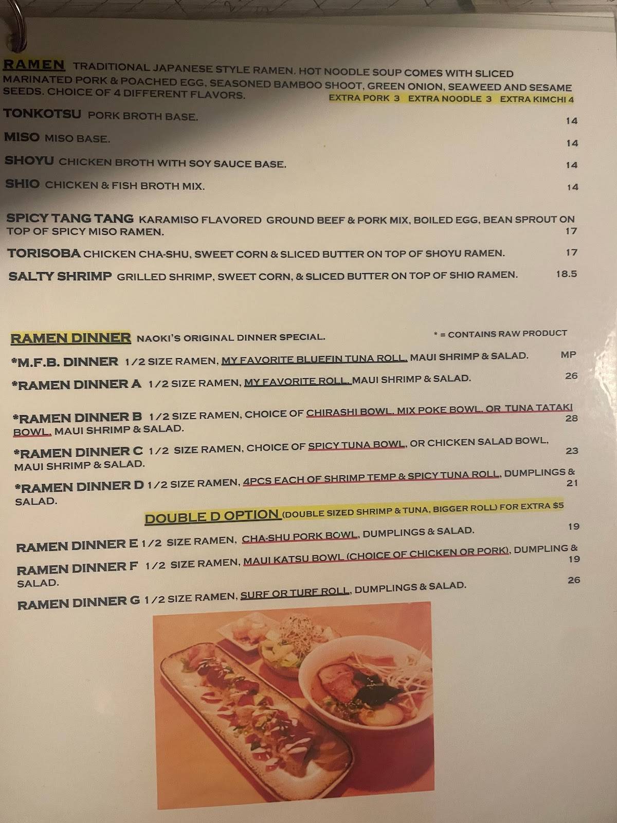 Menu at NAOKI JAPANESE CUISINE restaurant, Palm Bay