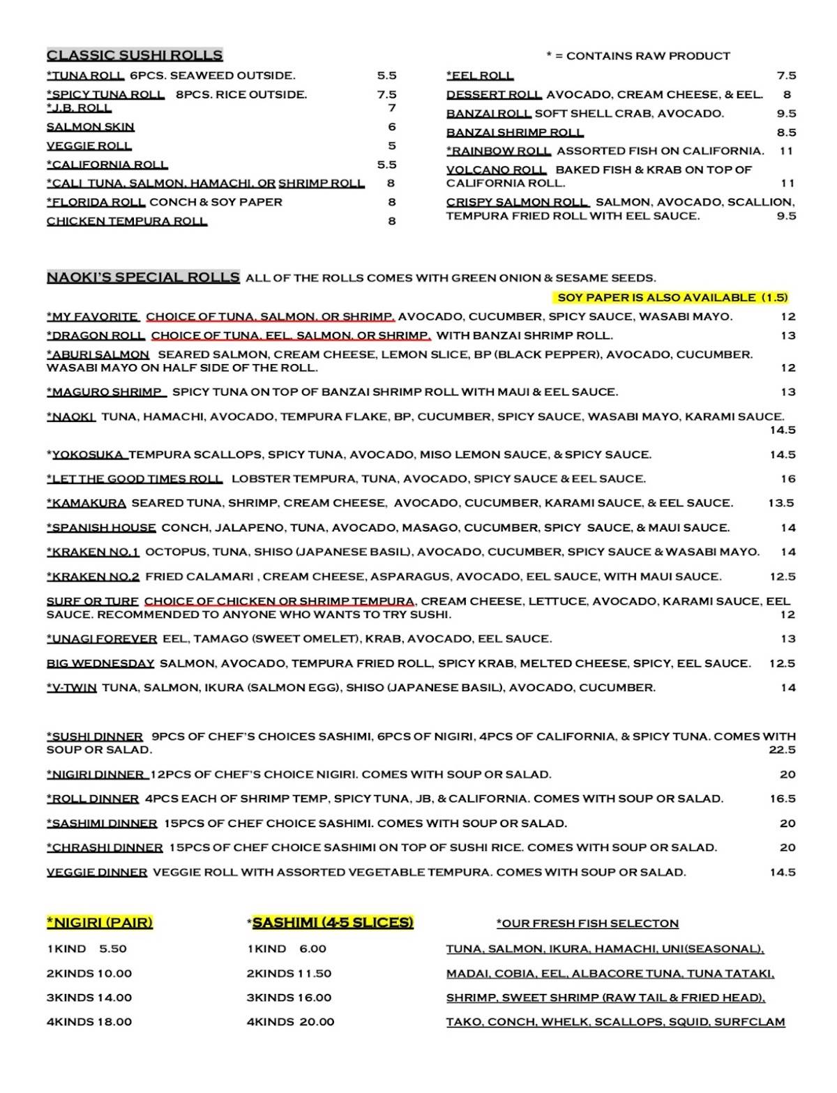Menu at NAOKI JAPANESE CUISINE restaurant, Palm Bay