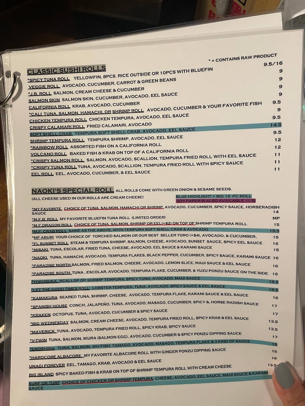 Menu at NAOKI JAPANESE CUISINE restaurant, Palm Bay